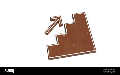 3d Rendering Of Gingerbread Cookie In Shape Of Symbol Of Stairs With Up Arrow Isolated On White