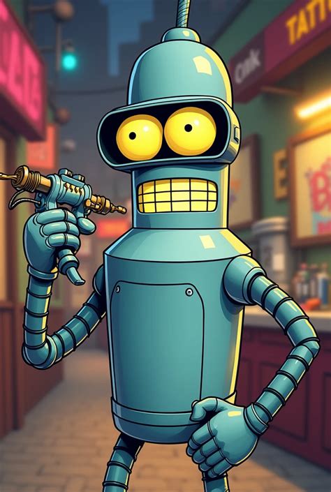 Bender From Futurama Holding A Tattoo Machine In Cartoon Style Seaart Ai