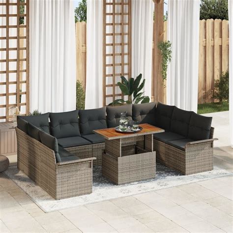 10 Piece Garden Dining Set With Cushions Grey Poly Rattan Acacia Vidaxl