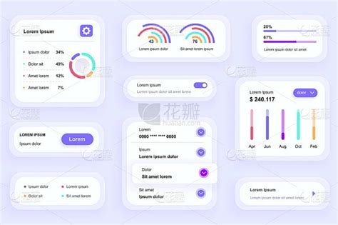 用于商业分析移动应用程序的gui元素。统计图表和财务指标用户界面生成器。独特的ui ux设计工具包矢素材 花瓣网
