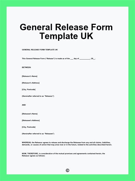 General Release Form Template Uk