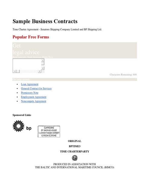 Contract Time Charter Conform Bimco Sample Business Contracts Bill Of Lading Insurance