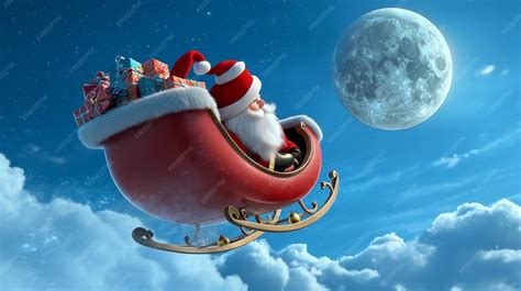 Santa Claus Flying Through The Night Sky In Sleigh With Ts Premium