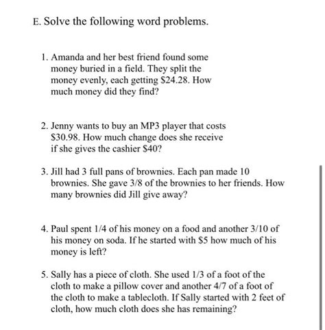 Solved E Solve The Following Word Problems 1 Amanda And