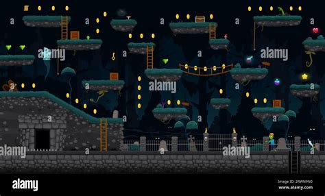 Arcade Halloween Cemetery Game Level Map Interface Platform And Ghosts