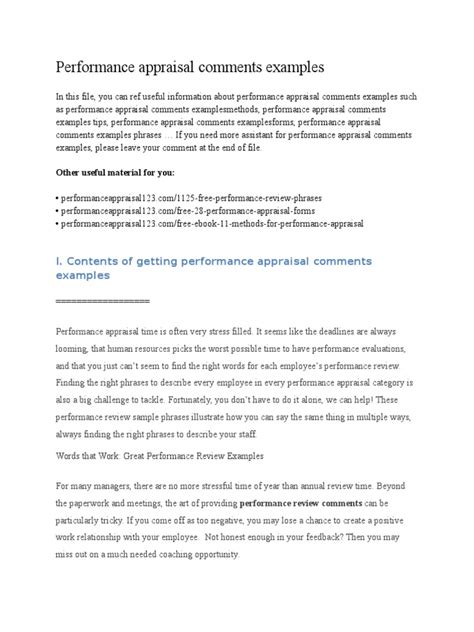 performance appraisal comments examples pdf performance appraisal