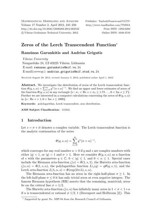 Pdf Zeros Of The Lerch Transcendent Function
