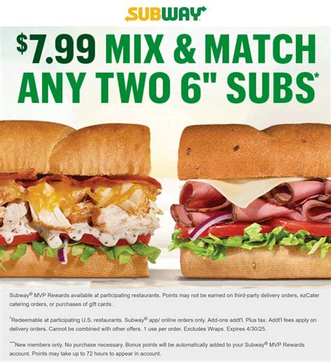 2 Six Inch Sub Sandwiches 8 At Subway Subway The Coupons App®