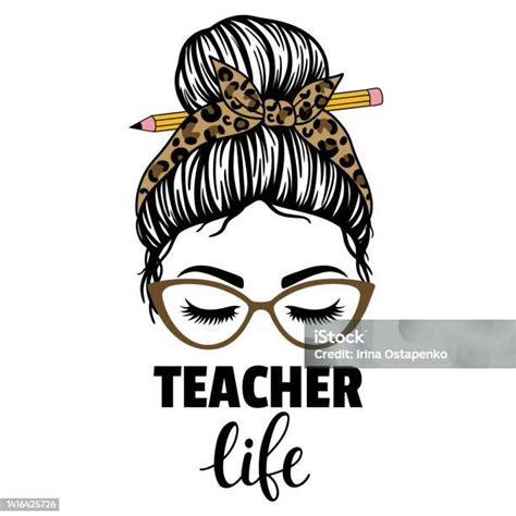 교사 생활 지저분한 롤빵 스타일 안경 반다나 및 표범 인쇄물에있는 여성의 얼굴 학교로 돌아 가기 포스터 티셔츠 교사의 날 엽서에 좋습니다 0명에 대한 스톡 벡터 아트 및
