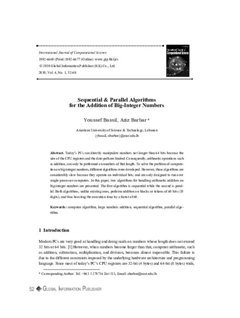 Pdf Sequential And Parallel Algorithms For The Addition Of Big Integer