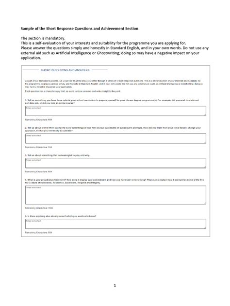 Sample Of Short Response Questions And Achievements Section Pdf