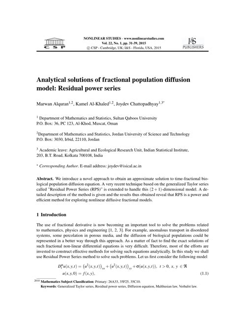 Pdf Analytical Solutions Of Fractional Population Diffusion Model Residual Power Series