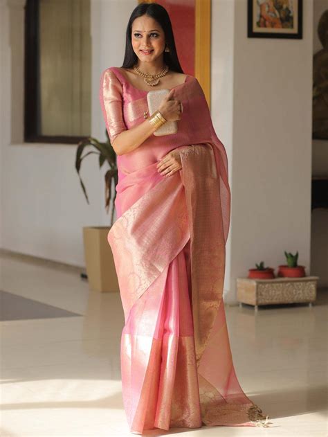 Pink Elegance Handcrafted Banarasi Kota Tissue Saree With Gold Zari