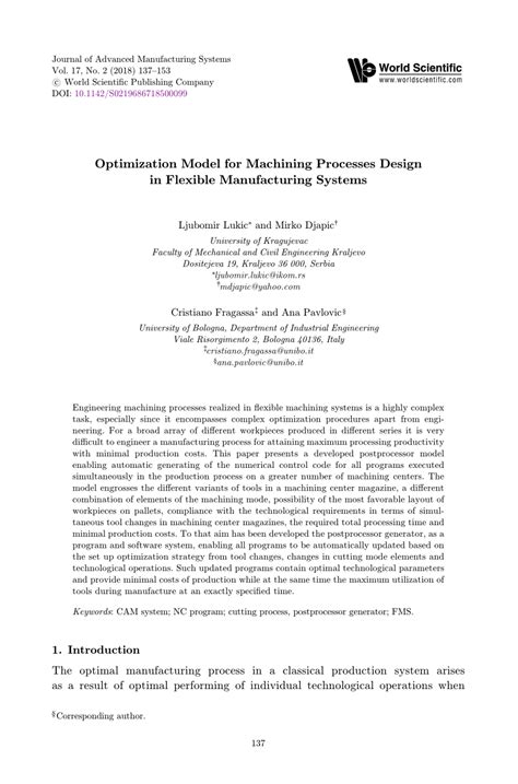 Pdf Optimization Model For Machining Processes Design In Flexible Manufacturing Systems