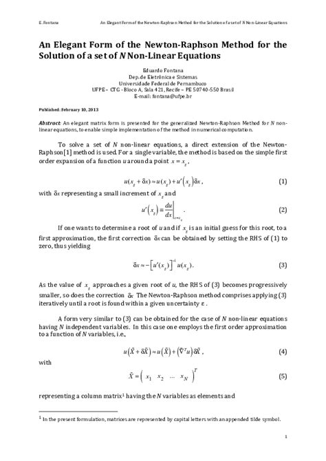 Pdf Elegant Newton Raphson Method For N Non Linear Equations