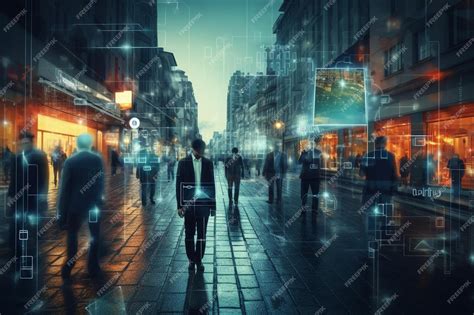 Premium Ai Image Crowd Of Business People Tracked With Technology Walking On Busy Urban City