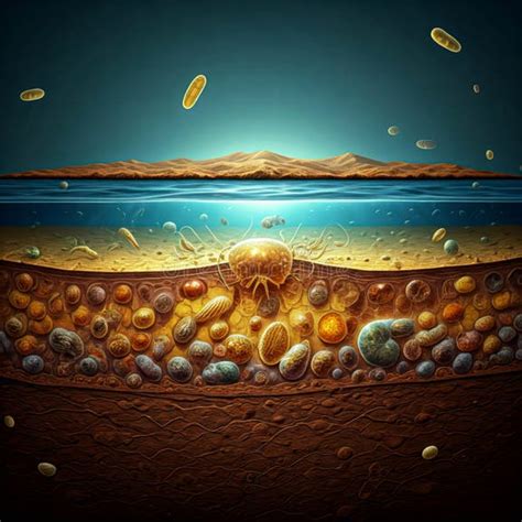 Microscopic Ocean Life Cross Section With Bacteria In Sediment Layers