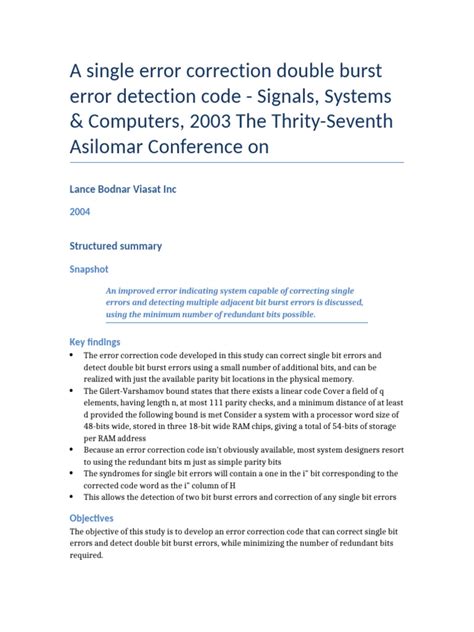 A Single Error Correction Double Burst Error Detection Codepdf Pdf