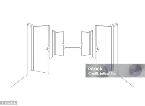 현관 문을 엽니 다 방이나 사무실 입구 연속 선 그리기 벡터 일러스트레이션 드로잉에 대한 스톡 벡터 아트 및 기타 이미지