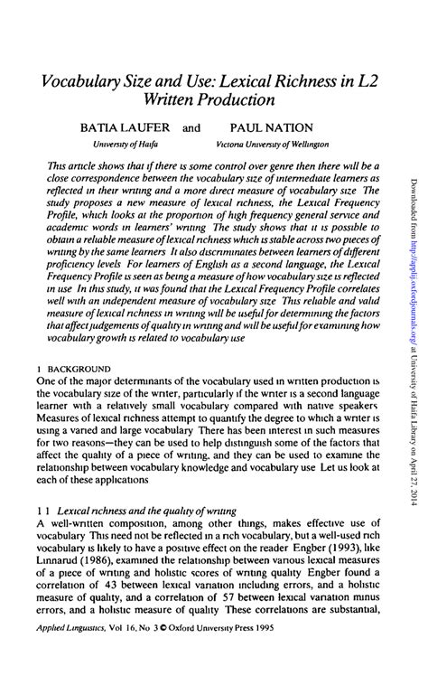 Pdf Vocabulary Size And Use Lexical Richness In L2 Written Production