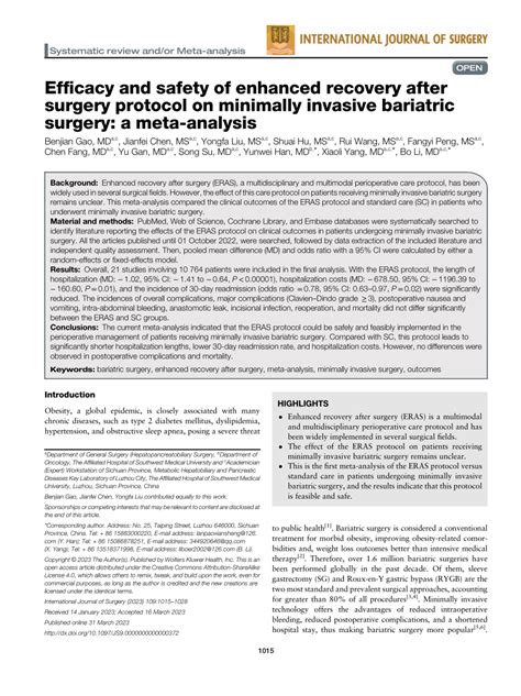 Pdf Efficacy And Safety Of Enhanced Recovery After Surgery Protocol
