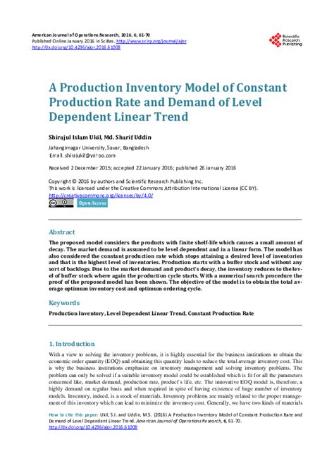 Pdf A Production Inventory Model Of Constant Production Rate And Demand Of Level Dependent