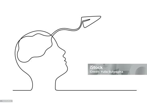 마음과 비행기 윤곽선 인간의 두뇌 머리에있는 아이디어 비행기에서 목표로 삼는 움직임 연속 한 줄 그리기 종이 비행기가 날아 올라갑니다 파워 씽크 스타트업 비즈니스 성공 벡터