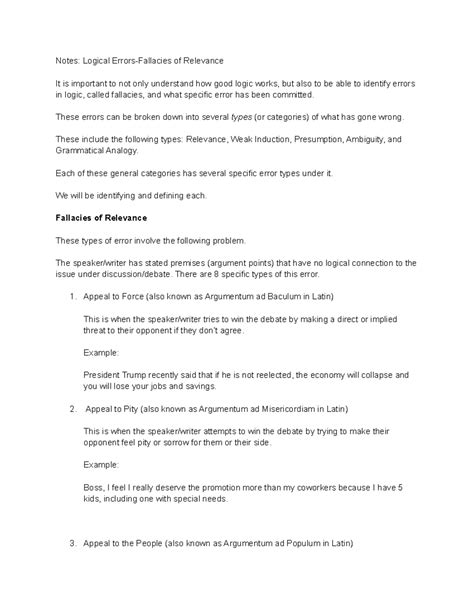 Notes Logical Errors Fallacies Of Relevance These Errors Can Be Broken Down Into Several