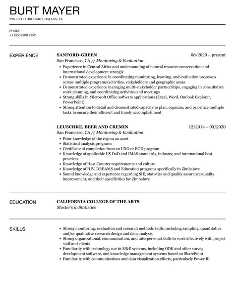 Monitoring And Evaluation Resume Samples Velvet Jobs