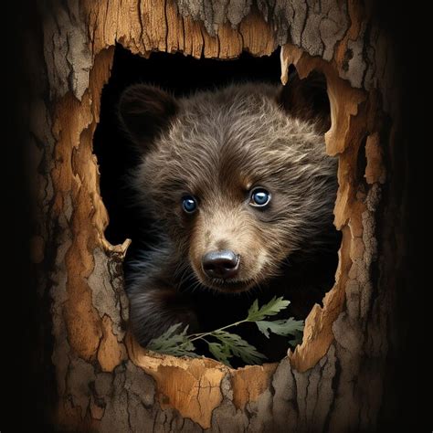 Premium Ai Image Little Bear Cub Peeking Out From A Hole