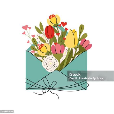 꽃다발이 있는 벡터 봉투 내부 꽃 메일 어머니의 날 여성의 날 결혼식을 위한 봄 평면 구성 열린 봉투와 꽃이 있는 편지 감상성에 대한 스톡 벡터 아트 및 기타 이미지