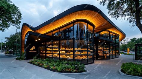 A Bakery Storefront With A Modern Design Featuring Large Glass Windows