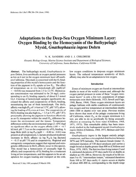 PDF Adaptations To The Deep Sea Oxygen Minimum Layer Oxygen Binding By The Hemocyanin Of The