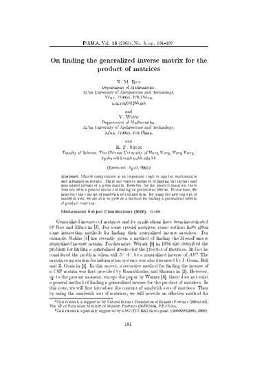 On Finding The Generalized Inverse Matrix For The Product Of Matrices