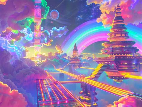 Vibrant Fantasy World With Floating Temples And Neon Rainbows In