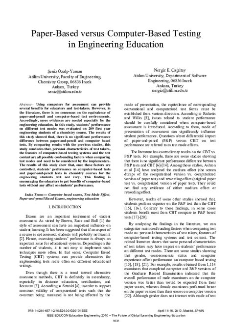 Pdf Paper Based Versus Computer Based Testing In Engineering Education