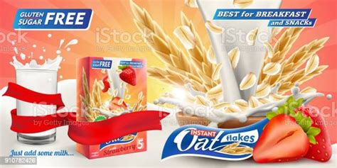 맛 있는 귀리 유리 광고 전단지 벡터 일러스트 레이 션에에서 원시 딸기와 큰 우유 스플래시와 조각 포장 상자 디자인 샘플입니다