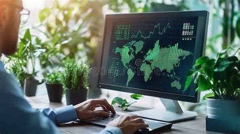 Man Using Computer For Global Data Analysis With World Map And Charts In Office Surrounded By