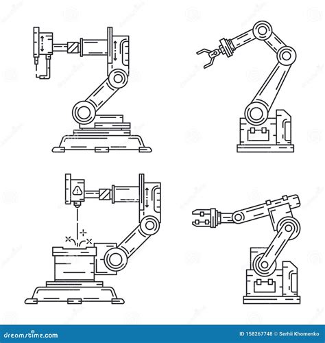 Line Flat Vector Icon Set Factory Conveyor Robot Arm System Automatic Industry Assembly Robotic