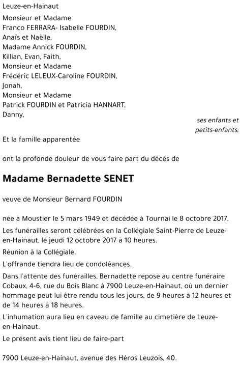 Avis De Décès De Bernadette Senet Décédé Le 08 10 2017 à Tournai Annonce Condoléances Fleurs