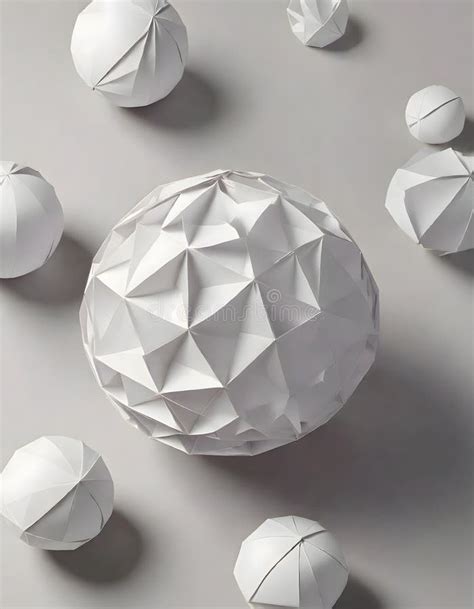 Spherical Sculpture Made Of Folded White Paper Creating A Geometric