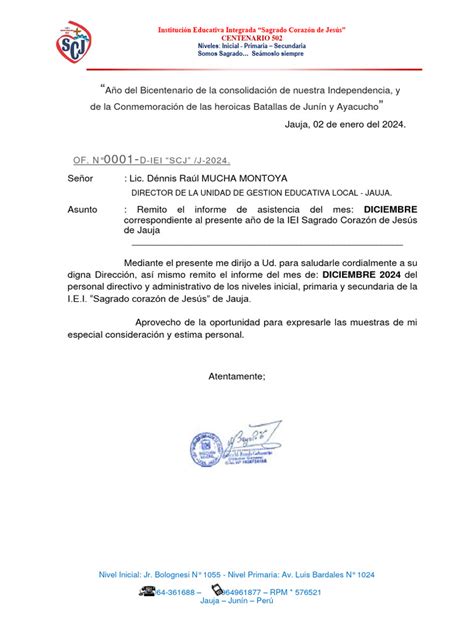 Oficio Informe Mes De Diciembre Pdf