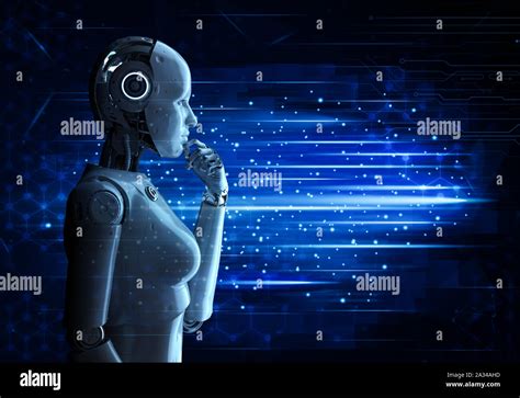 3d Rendering Female Cyborg Or Robot Thinking On Blue Background Stock