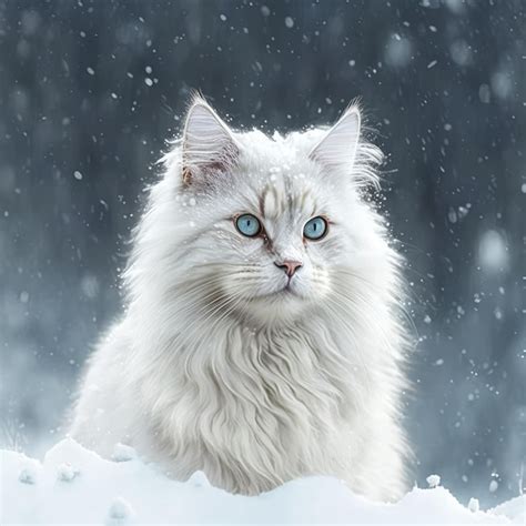 Premium Ai Image White Haired Cat Under Snow Generative Ai
