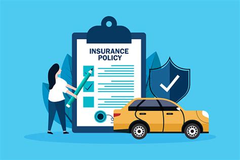 보험으로 자동차를 보호하고 노란색 자동차로 서명하는 여자 자동차 보험 서비스의 개념 자동차 사고 보험 대리점 개념에 대한 스톡 벡터 아트 및 기타 이미지 Istock