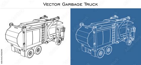 Rear View Garbage Truck Vector Illustration Line Drawing Blueprint