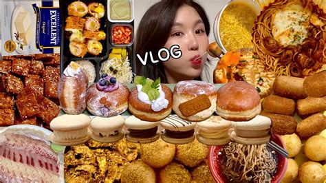 먹방 브이로그🧡 쫀득한 마카롱 크림도넛 호랑이치킨 돼지게티 막창 빵해장 치즈볼 유베니약과 라면 디저트 돈까스 일식 K Mukbang Vlog 간헐적