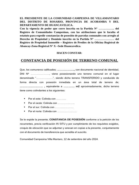 Constancia De Posesión En Villamantaro Pdf