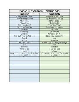 English To Spanish Classroom Commands By Chelsea Golden TPT