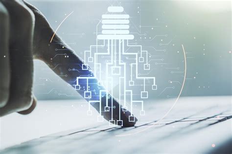 Premium Photo Creative Light Bulb Illustration With Microcircuit And Hands Typing On Computer